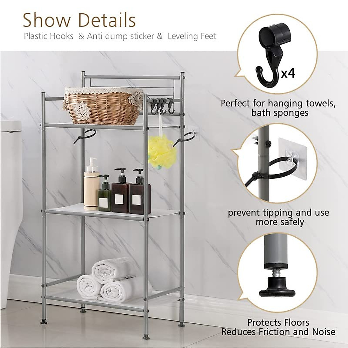 MallBoo 3-Tier Metal Freestanding Storage Shelf,Standing Bathroom Shelves with 3 x PP Shelf Liners and 4 x Hooks for Laundry Kitchen Office (Grey)