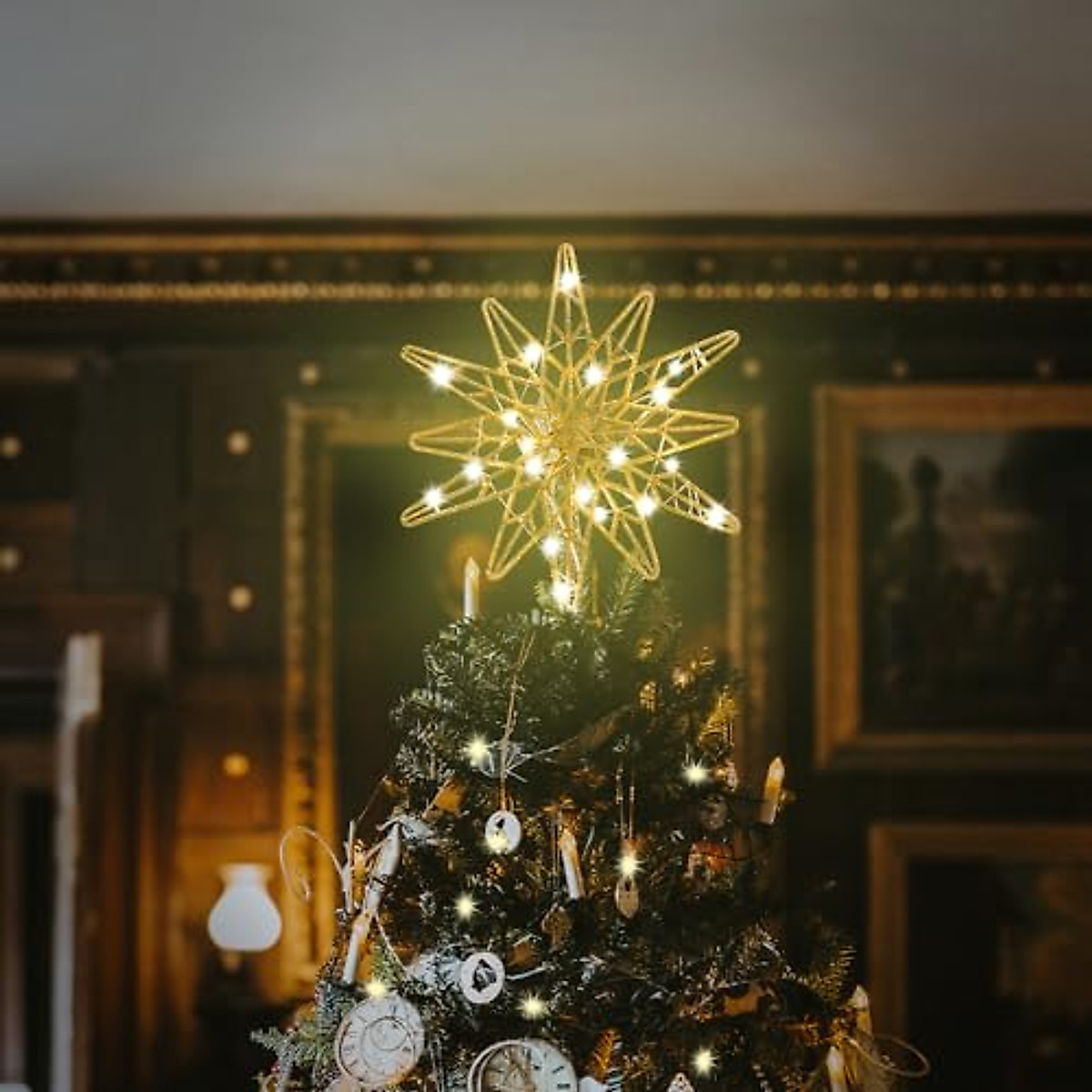 YEAHOME Christmas Tree Topper, Lighted Hollow 12-Point Star Tree Topper, Wire Star for Christmas Treetop with 30 LED Lights Xmas Tree Topper for Christmas Tree Ornament Decoration, Gold Glittered