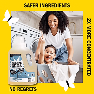 Molly's Suds Liquid Laundry Detergent | Clean Laundry Detergent Soap for Sensitive Skin | 2x Concentrated, High Efficiency (HE) | Unscented - 100 Loads