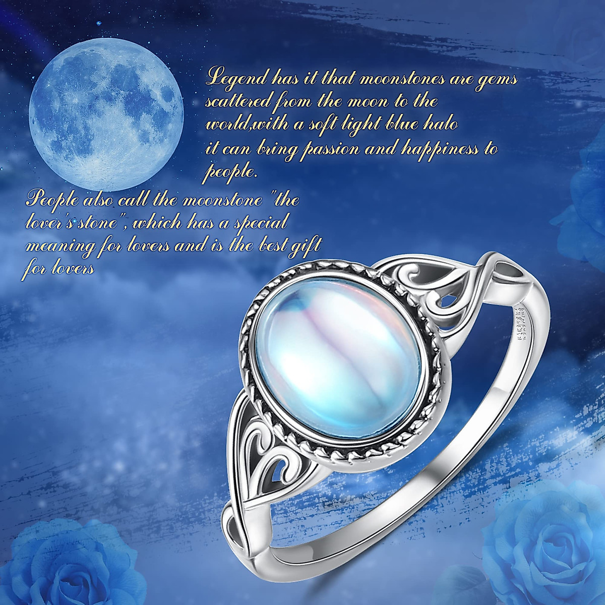 MILACOLATO Moonstone Rings for Women 925 Sterling Silver Jewelry | 18K White Gold Vintage Celtic Knot Rings | Bezel Solitaire Rings | 5/6/7/8/9/10/11, Sterling Silver, Cubic Zirconia