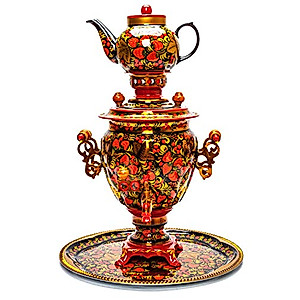 Red Khokhloma Electric Samovar Kettle with Teapot and Tray