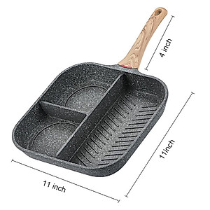 JUSTUP Nonstick Egg Frying Pan, 3-in-1 Egg Pan Divided Grill Frying Pan, Heat Resistant Handle 3 Section Skillet, Omelette Pan for Breakfast, Egg, Bacon and Burgers (11.4 Inch)