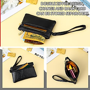 Jeffdad Women's Leather Coin Purse, Small Coin Purse for Women, Small Zipper Coin Purse with Double Zipper Detachable Wrist Strap Coin Purse for Women Coin Purse (black)