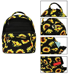 LSNOYRD Sunflower Mini Backpack Purse, Women Teen Girl Teenager 13 Inch Black Floral Flower Cute Kawaii Purse, Medium Size Nylon Small Backpack Bookbag Travel Shoulder Back Pack with Side Pocket