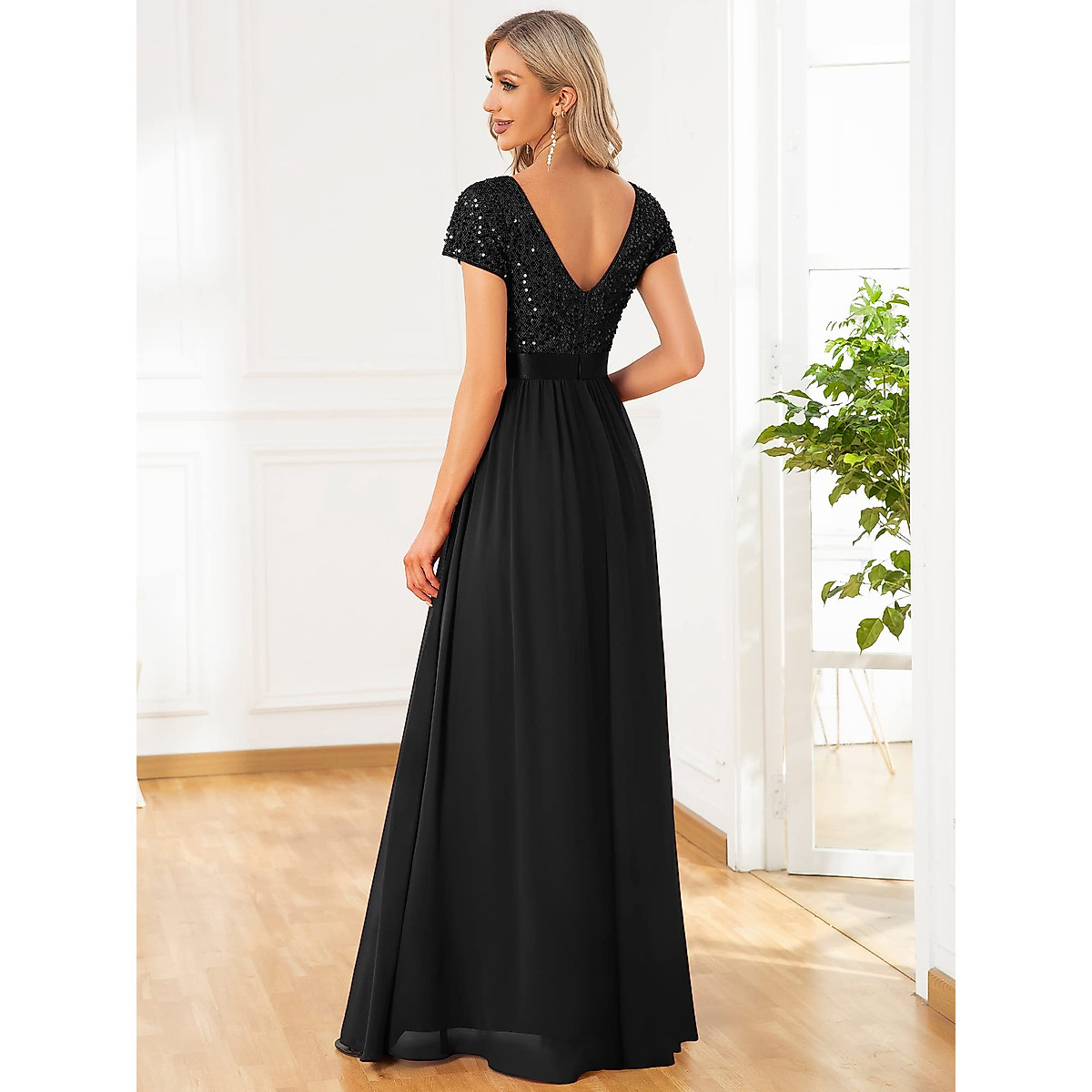 Ever-Pretty Women's Sequin V-Neck line Short Sleeves Empire Waist Maxi Evening Dress Formal Dress Black US12
