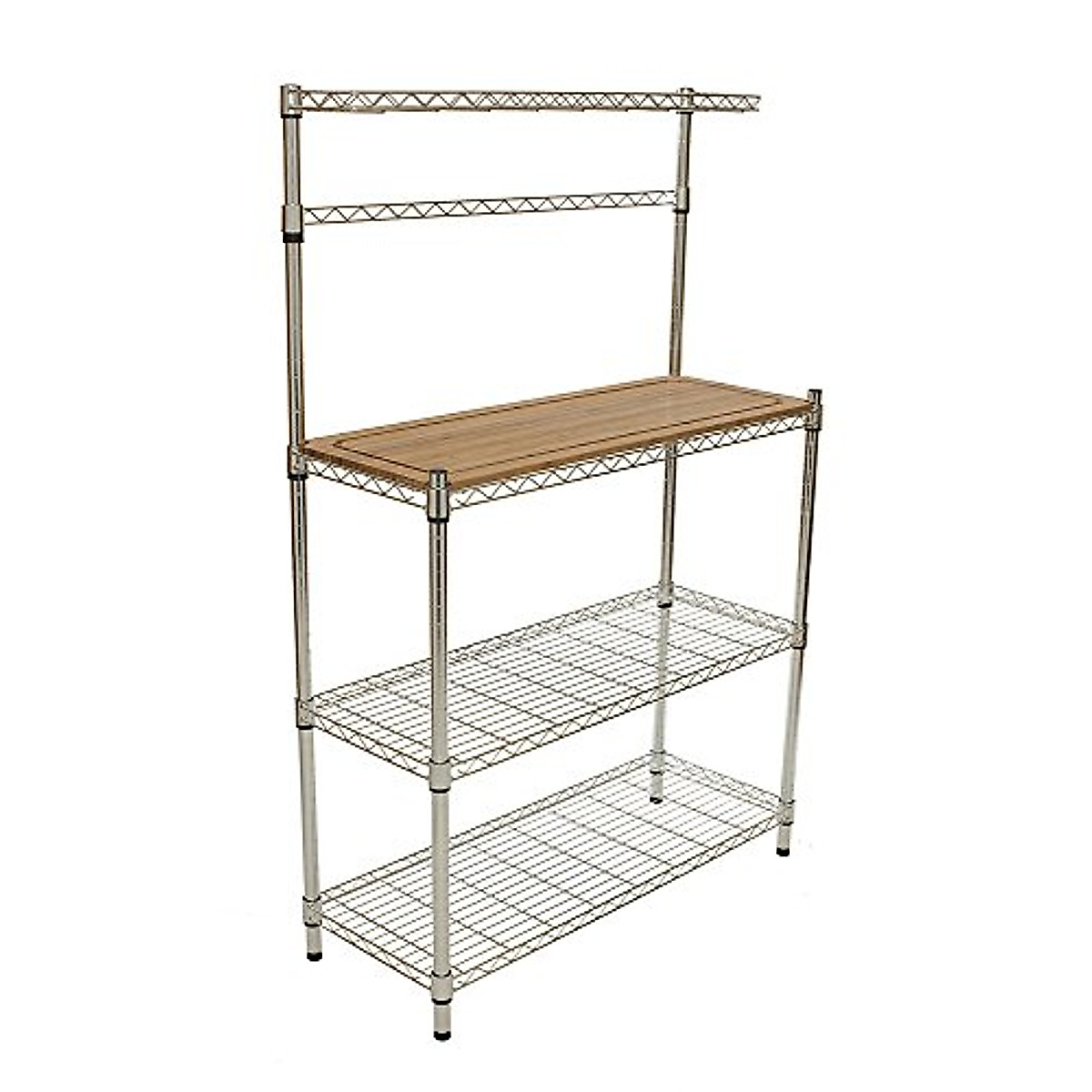 TRINITY EcoStorage Bakers Rack and Pantry Organizer with 3 Shelves, Removable Bamboo Work Surface, and Hooks for Kitchen Organization and Food Preparation, Chrome, 36” W x 14” D x 60” H