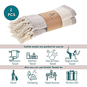 sea me at home 2 Pack Decorative Turkish Hand Towels for Bathroom with Bohemian Design (Set of 2), 100% Turkish Cotton Farmhouse Boho Kitchen Towel Set, 16 x 36 Inches (Light Gray)