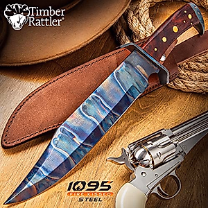 TIMBER RATTLER Gunslinger Bowie Knife and Leather Belt Sheath - 1095 Fire Kissed Carbon Steel Blade, Rockwell Hardness 55-58, Steel Guard, Hardwood Handle, For Bushcraft Chopping Jobs - Length 16 1/2”