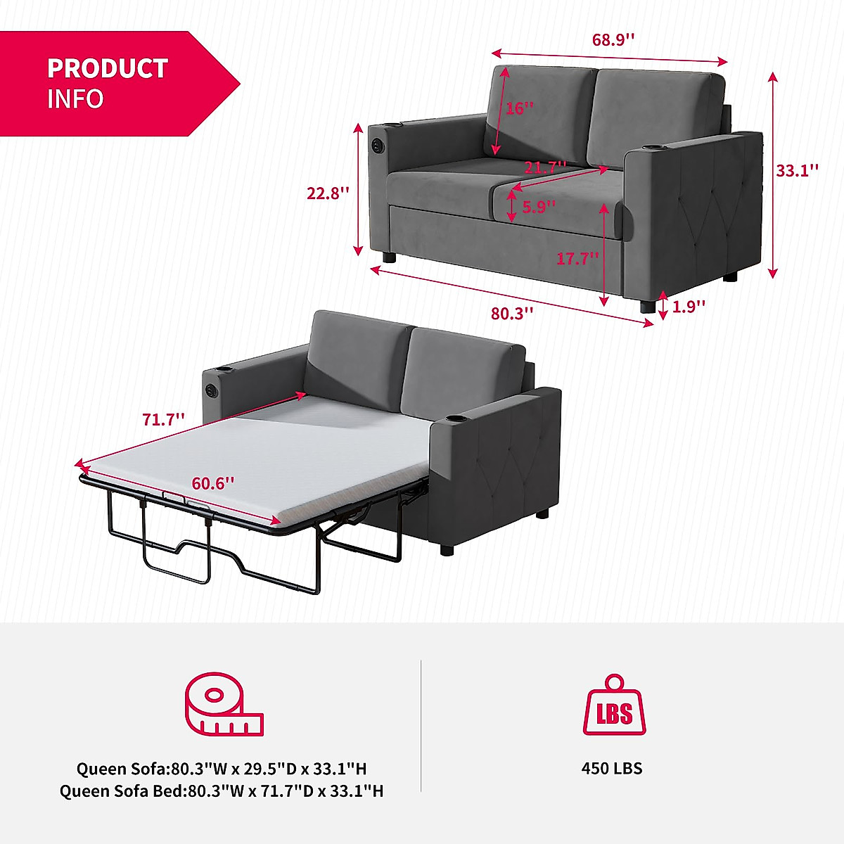 MUZZ Pull Out Couch Bed, 2 in 1 Sleeper Sofa Bed with Cup Holder & USB, Modern Velvet Sofa Bed with Foam Matress for Living Room, Apartment, Office(Queen/Dark Grey)