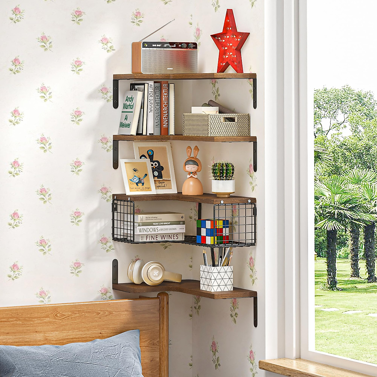 Zincify 4+1 Corner Floating Shelves with Wire Storage Basket, Corner Wall Shelves Rustic Wood for Bathroom, Kitchen, Bedroom, Living Room, Office, Corner Shelf Wall Mounted Dark Brown