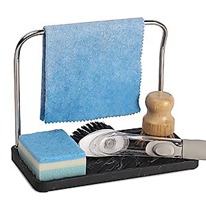 zccz Sponge Holder - Kitchen Sink Organizer Tray Stainless Steel Dish Cloth Hanger Soap Dispenser Brush Holder Caddy, Black Marble Look