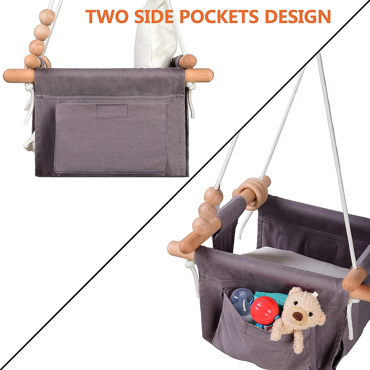 Baby Hammock Swings, Canvas Baby Hanging Swing with Safety Belt & Cotton Cushion Seat, Hanging 2 Side Pockets Safe Outdoor Swings