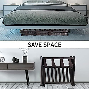 MYOYAY Folding Luggage Rack Bamboo Wood Collapsible Suitcase Stand with Shelf Portable Luggage Holder Ideal for Guest Room Bedroom Hotel, Black