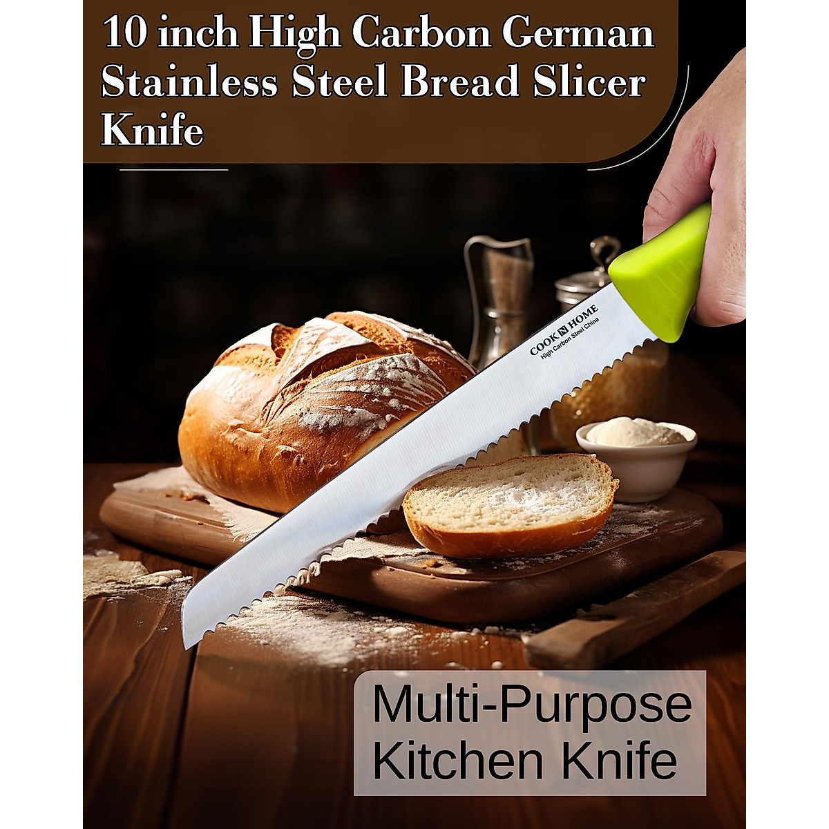 Cook N Home Bread Slicer Knife 10-Inch, Wavy Serrated High Carbon German Stainless Steel Sharp Kitchen Knife, Ergonomic Handle, Green