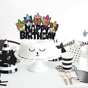 Cat Happy Birthday Cake Topper Cat Theme Party Cake Decoration for Meow Kitty Cat Birthday Party Baby Shower Supplies