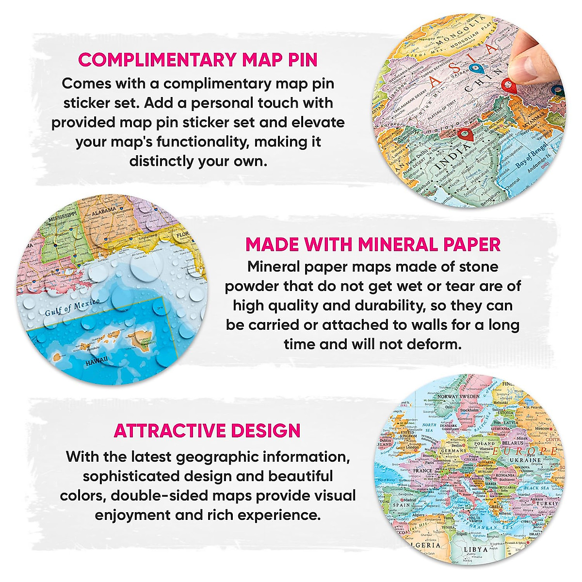 NOWMAP AquaShield Double-Sided World and USA Map Waterproof 2 Wall Map Set 24x36 - Folded Edition with (Pin Stickers)