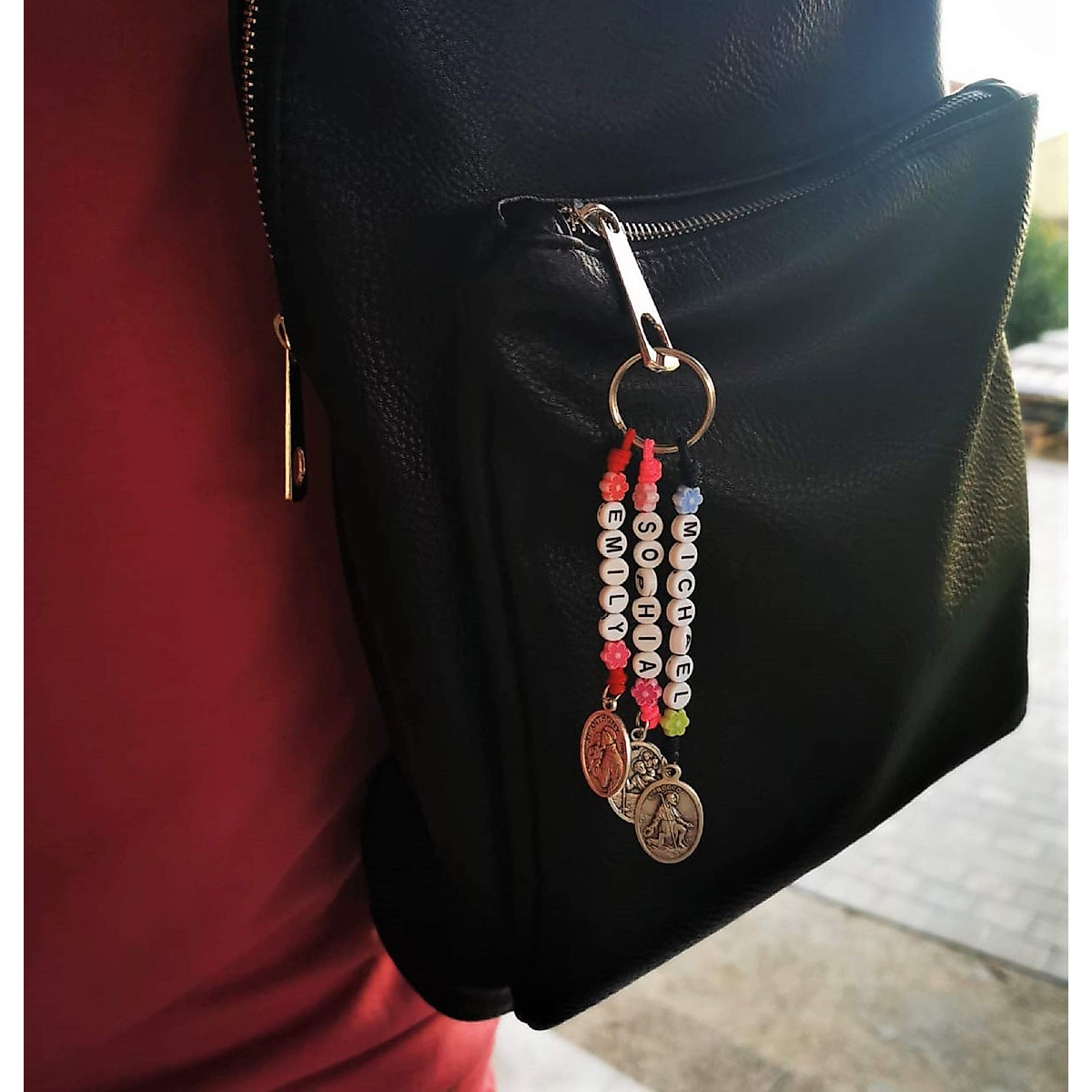 Custom Backpack Name Tags with Catholic Saint Medals - Personalized Bag Nametag