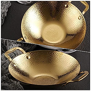 BESTonZON Stainless Steel Pan Wok Pan Stainless Steel Stir Fry Pan Flat Bottom Chinese Wok Scratch Proof Cooking Skillet Pot Cookware with 2 Handles For Gas Induction Gold 8in Stock Pot