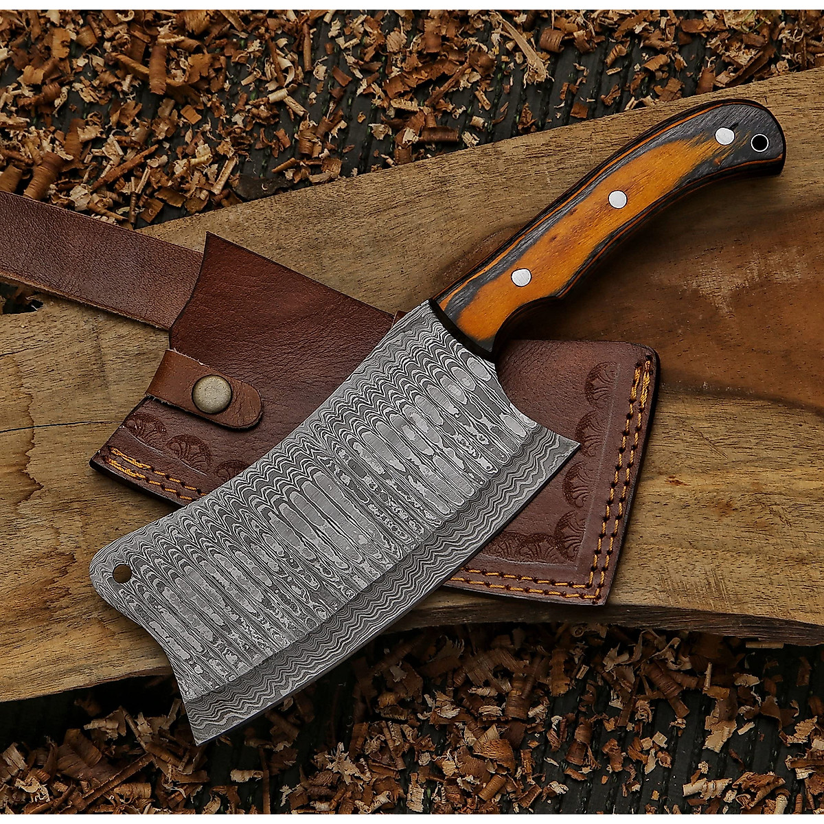 Handmade Damascus Steel Meat Cleaver Knife Full tang Kitchen Knife for Home and Outdoor, Butcher knife, Chopper knife with Real Leather Sheath