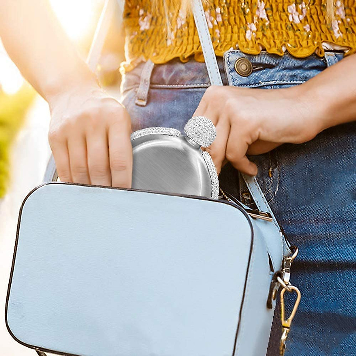 INTOR Hip Liquor Flask for Women, Leakproof Wine Flasks 304 Stainless Steel Rhinestone Portable Flask with Funnel, Women Girls Bling Gift(Silver/5oz)