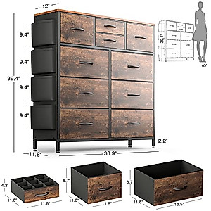 Himusi Dresser for Bedroom with 10 Drawers, Fabric Storage Tower with Side Pockets, Tall Chest of Drawers for Nursery, Hallway, Closets (Rustic Brown)