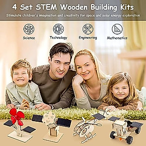 4 Set Solar-Power STEM Toy for Kids, DIY 3D Wood Puzzles Craft for Boys Girl Age 6-12, Educational Science Building Kit with 4 Different Models DIY Gift Toys for Christmas Birthday