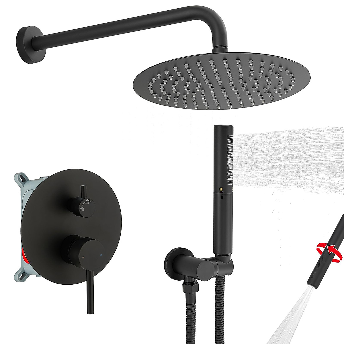 BESy Shower System with 10 Inch Round Rain Shower Head and Handheld Wall Mounted, High Pressure Rainfall Shower Faucet Fixture Combo Set with 2 in 1 Handheld Showerhead for Bathroom, Matte Black