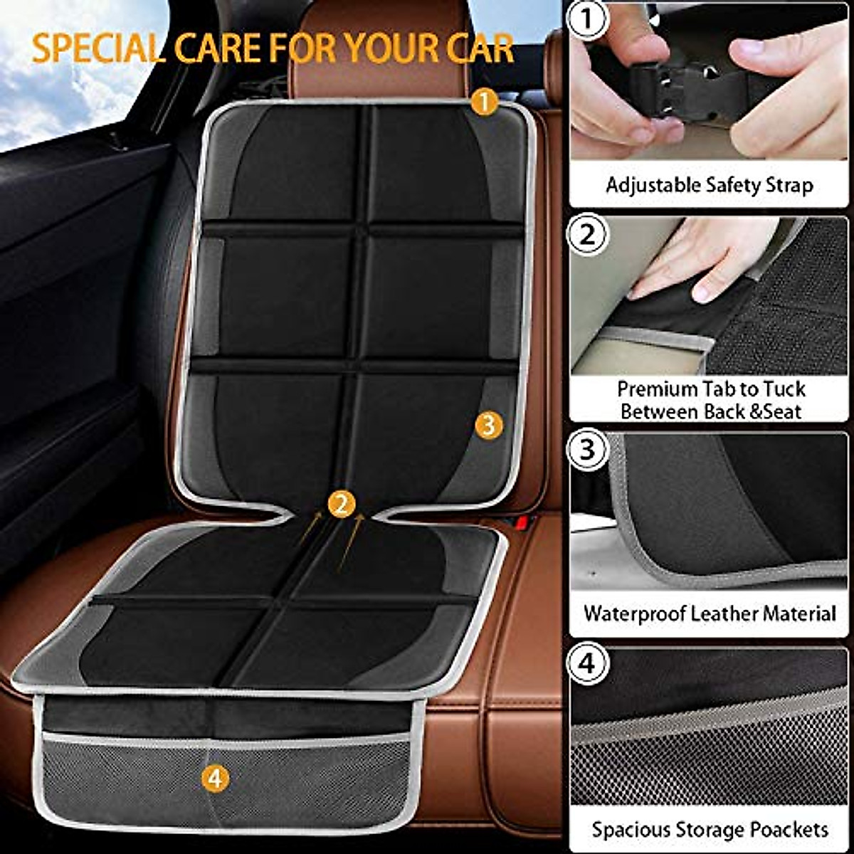 2 Pack Large Auto Car Seat Protectors for Child Car Seat, Thick Carseat Seat Protector with Organizer Pockets, Vehicle Dog Cover Pad for SUV Sedan Truck Leather Seats