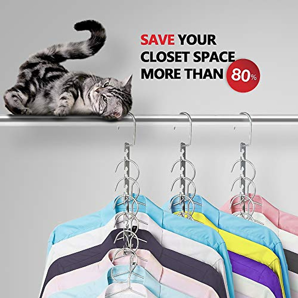 KJfamily Space Saving Hangers Metal Hanger Magic Cascading Hanger Closet Clothes Organizer Multifunctional Clothes Hangers Stainless Steel 6X2 Slots (20)
