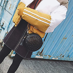 Heidi Bag Leather Round Handbag Circle Crossbody Bag Bucket Messenger Bag with Chain Tassel Fringe Black