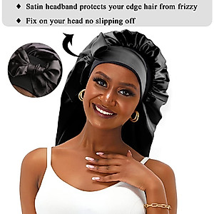 Sent Hair Extra Large Satin Hair Bonnet for Women, Double-Layer Elastic Night Sleeping Cap with Tie Band for Braids/Curly/Long Hair - Black