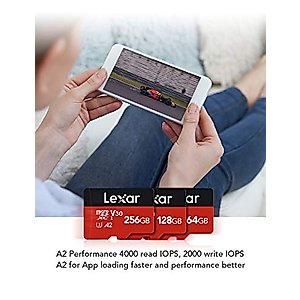 Lexar 256GB Micro SD Card, MicroSDXC Flash Memory Card with Adapter Up to 160MB/s, A2, U3, V30, C10, UHS-I, 4K UHD, Full HD, High Speed TF Card for Phones, Tablets, Drones, Dash Cam, Security Camera
