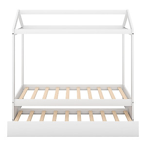 PVWIIK Twin Size Floor Bed with Trundle & Roof Design for Kids, Girls, Boys,Solid Wood Bedframe,Easy Assembly & No Box Spring Needed, White