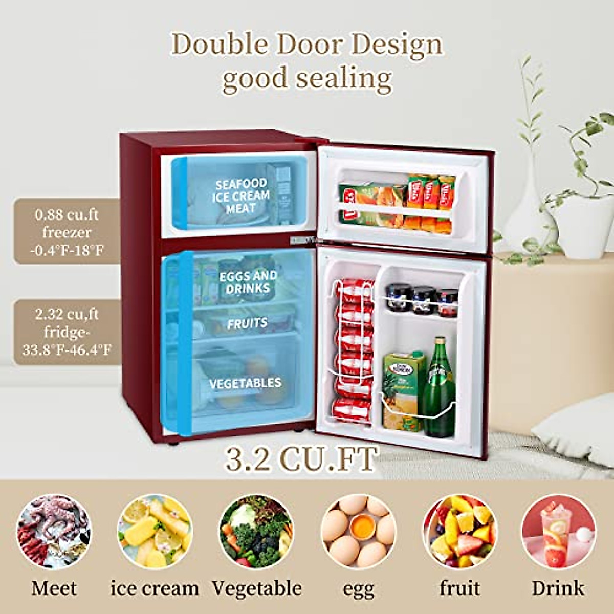 Kndko Compact Refrigerator 3.2 CU.FT. Fridge with Freezer - Dual Door Fridge - Adjustable Temperature, Energy Saving - Retro Refrigerator for Dorm, Bedroom, Apartment, Office, Garage
