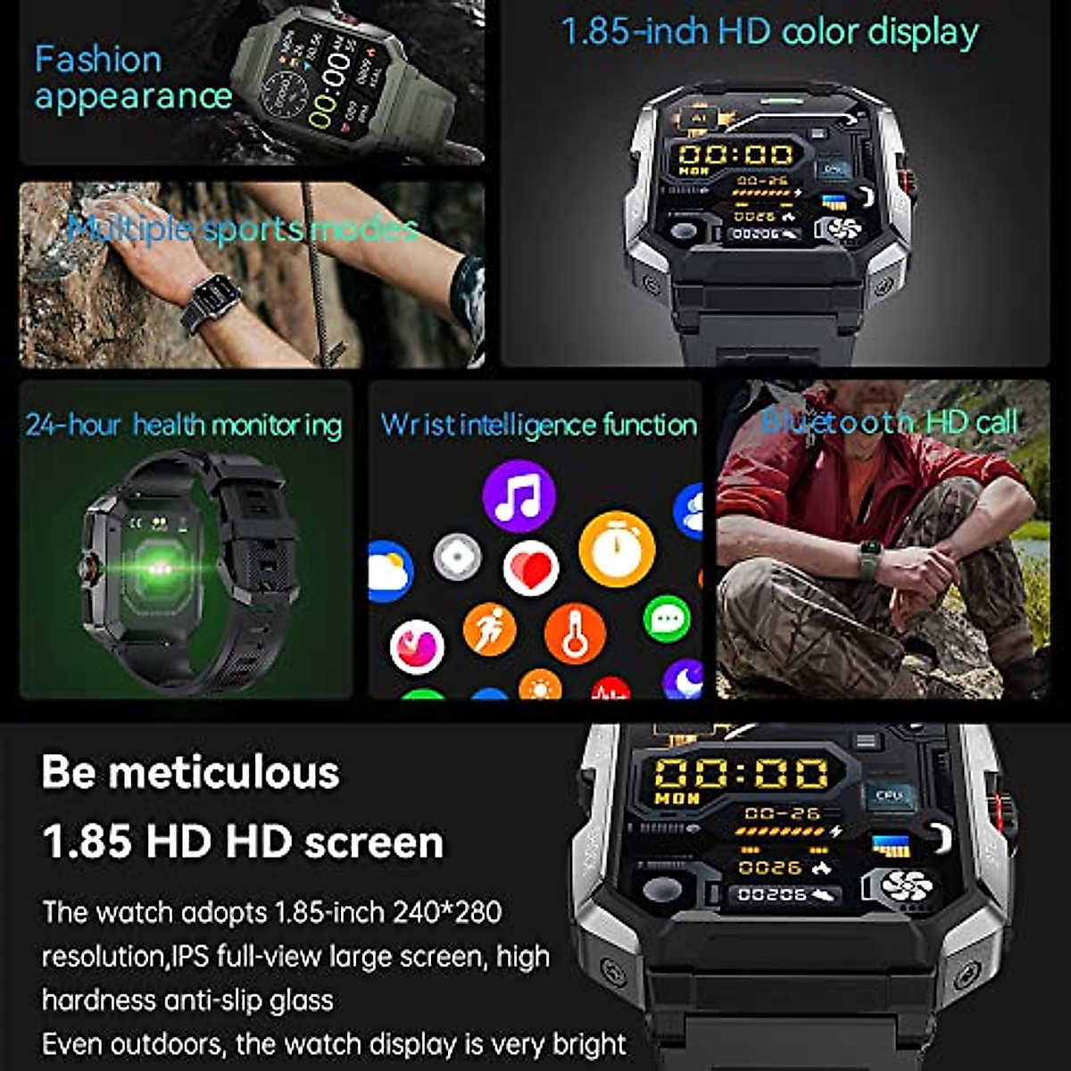 Military Smart Watches for Men, 5ATM Waterproof Rugged Grade Bluetooth Call(Answer/Dial Calls), Health Tracker for Android Phones and iPhone Compatible, 1.85" Heart Rate/Blood Pressure Watch (Black)