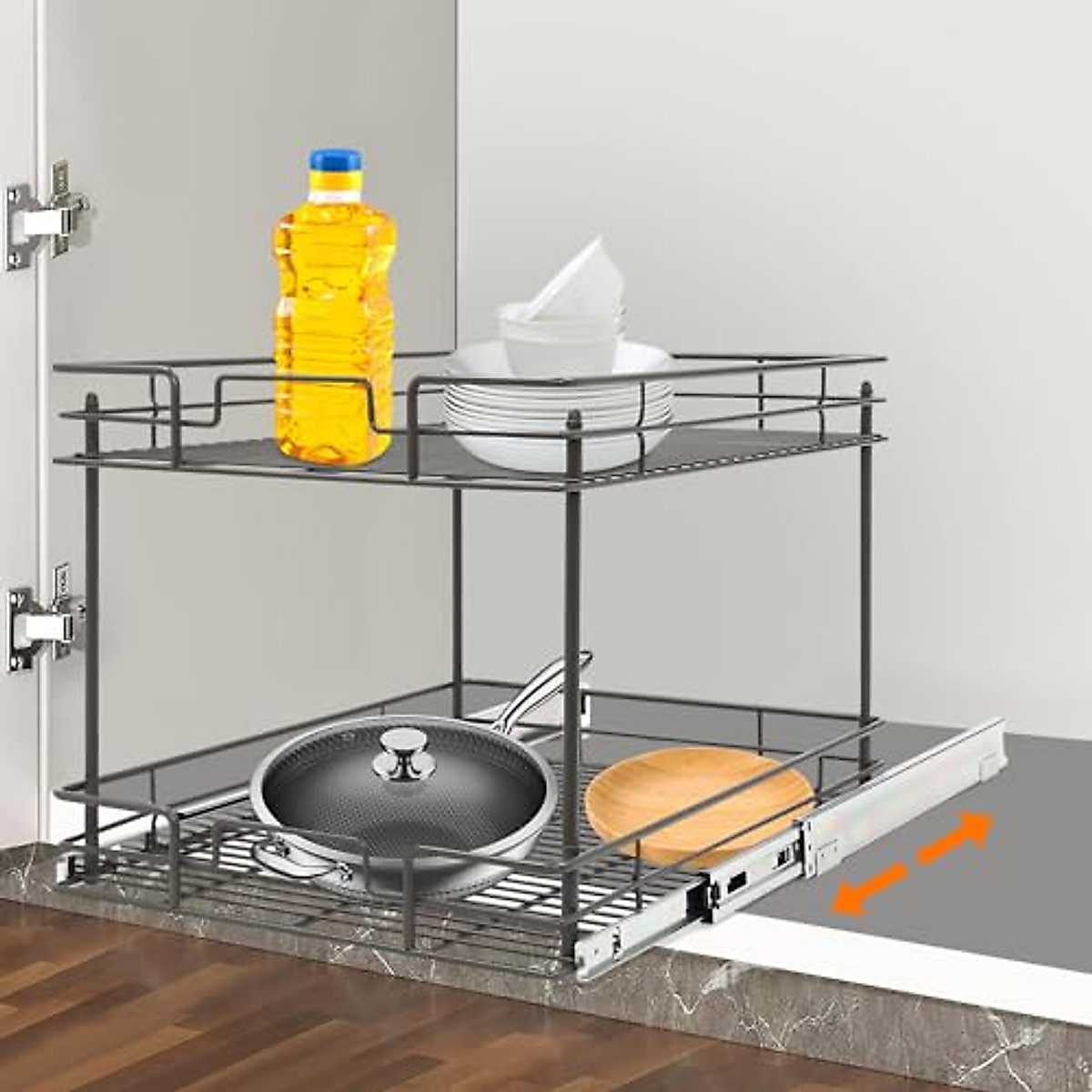 YETINGSHOP Version Pull Out Cabinet Organizer for Base Cabinet, Kitchen Cabinet Organizer and Storage 2-Tier Cabinet Pull Out Shelves Under Cabinet Storage for Kitchen (Gray, 16.5" W X 21.5" D)