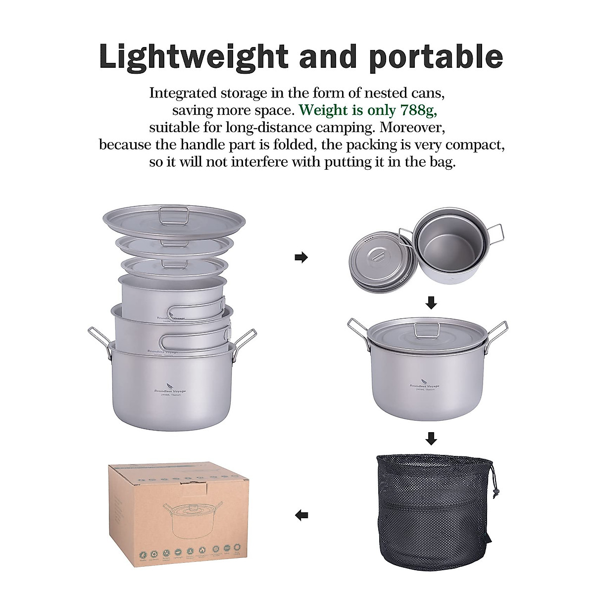 Boundless Voyage Titanium Pot Portable Camping Cookware Lightweight Cooking Pot Set for Outdoor Cooking Traveling Backpacking Hiking Trekking Picnic (3 Pcs Set)