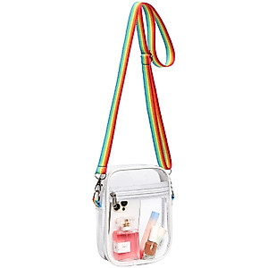 F-color Clear Bag Stadium Approved, Clear Purse for Concerts Sports Events Festivals, Clear Bags for Women with Adjustable Rainbow Strap, White