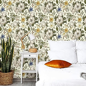 VEELIKE 17.7"×118.1" Floral Peel and Stick Wallpaper Vintage Peony Daisy Floral Wallpaper Self Adhesive Removable Floral Contact Paper Decorative Vinyl for Bedroom Walls Cabinets Shelves Nursery