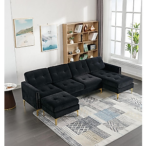 Eafurn U-Shaped Sectional Sofa w/Reversible Chaise Lounge and Movable Ottoman, 5-Seater Convertible Corner Couch Modern Design Velvet Upholstered Comfy Sofa & Couch for Living Room Furniture Sets