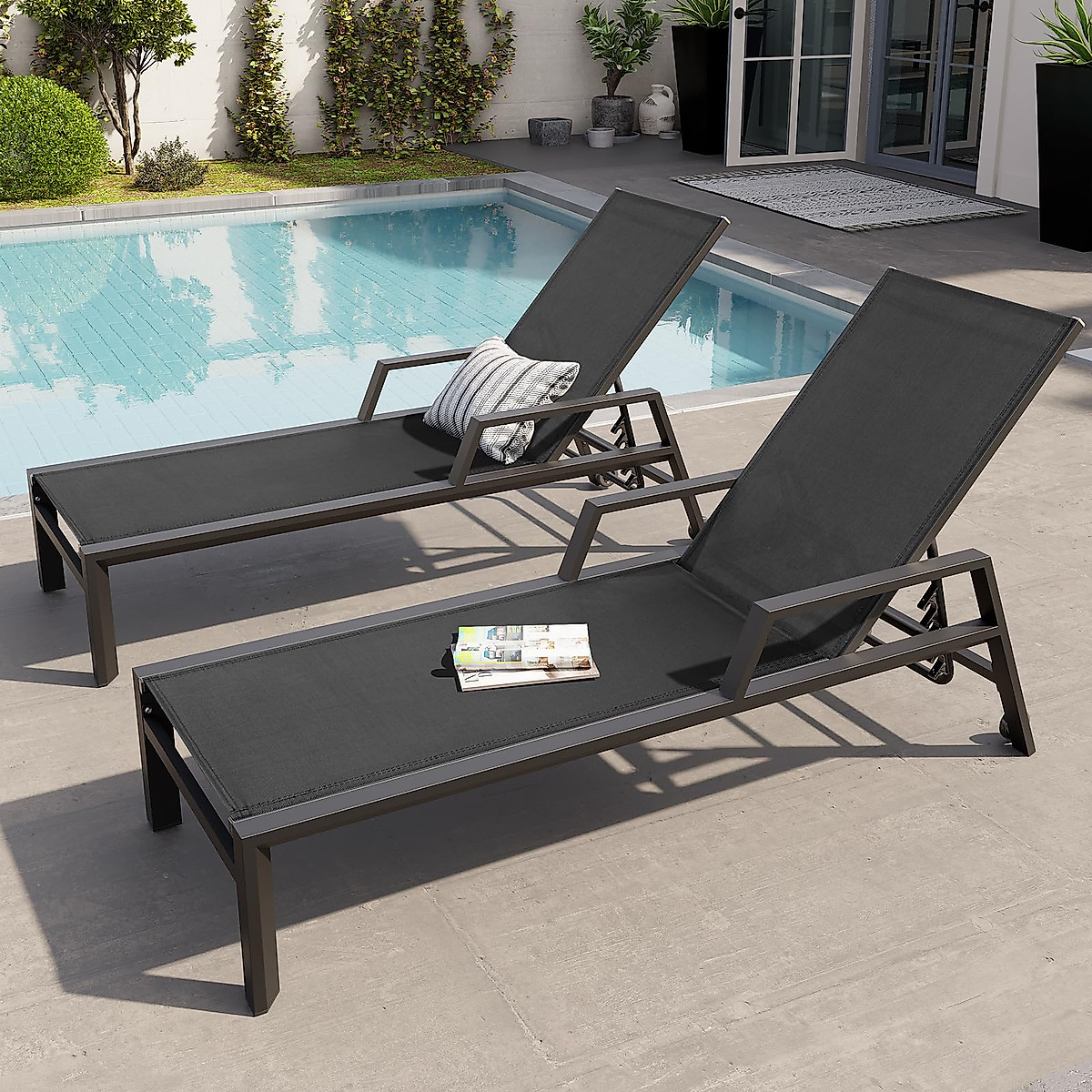Crestlive Products Outdoor Lounge Chair with Wheels and Armrest, Extra Large Pool Lounge Chairs Set of 2, Aluminum with Adjustable 5 Backrest for Outside, Patio, Beach, Yard