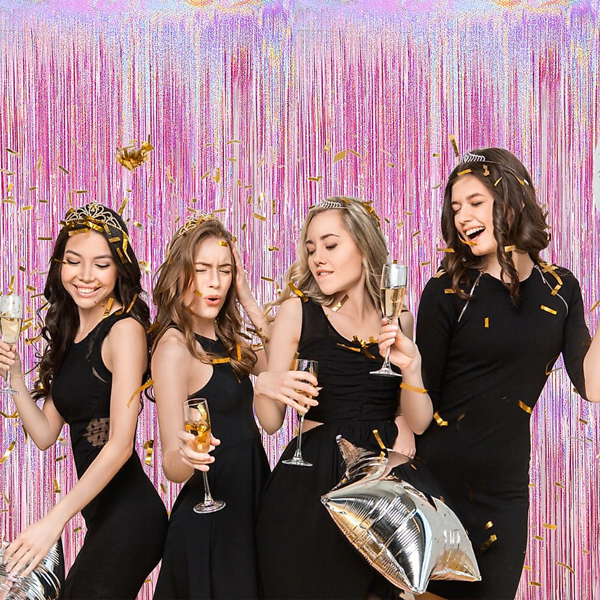 Glitter Pink Fringe Party Curtain - 6.5x9.8 feet, Pack of 2 | LILF Pink Tinsel Streamers Foil Fringe Backdrop Curtain with Non-Marking Tape for Birthday Bachelorette Party Decoration Photo Booth Props