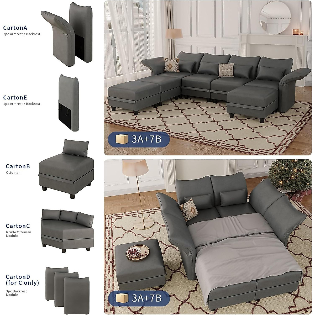 LLappuil Reversible Sectional Sofa Modern Modular Sectional Couch with Chaise L Shaped Corner Sectional 8 Seater with Storage Seats,Memory Foam,Modular Sofa for Small Space,Living Room,Dark Grey