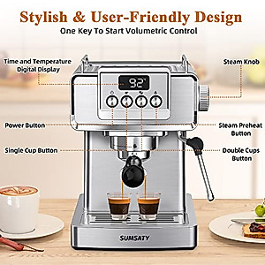 SUMSATY Espresso Machine, Stainless Steel Espresso Machine with Milk Frother for Latte, Cappuccino, Machiato,for Home Espresso Maker, 1.8L Water Tank, 20 Bar