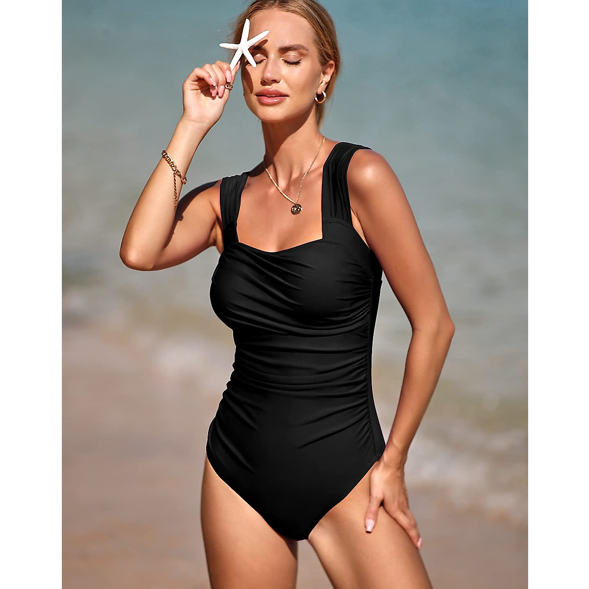 Women's Tummy Control One Piece Swimsuit Ruched Retro Athletic Swimwear Vintage Slimming Plus Size Bathing Suit Black 18