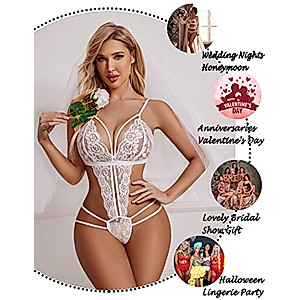 Avidlove Lingerie for Women Deep V Lingerie Teddy One Piece White Small