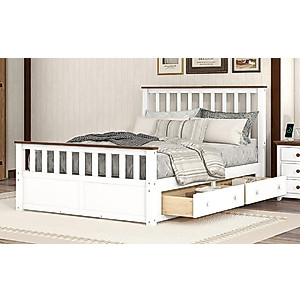 ERDAYE Full Size Bedframe Wooden Platform Bed with Two Storage Drawers and Wood Slat Support, White+Walnut