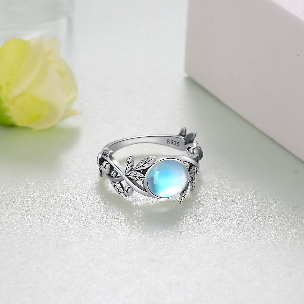 SCZKLAQ Moonstone Leaf Rings for Women 925 Sterling Silver Moonstone Ring Jewelry Gifts for Women (7)
