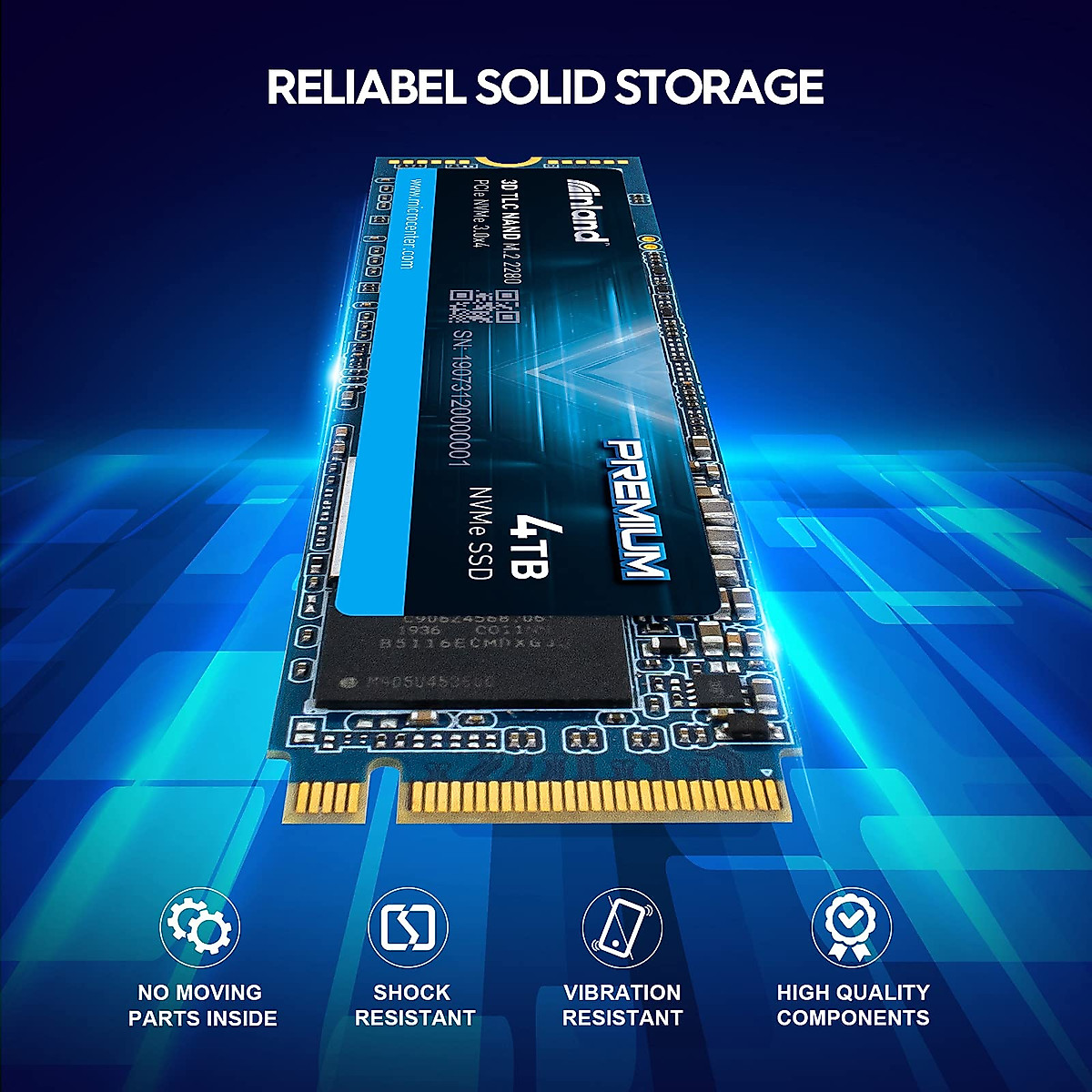 INLAND Premium 4TB NVME PCIe 3.0 x4 M.2 2280 TLC 3D NAND SSD Internal Solid State Drive, Read/Write Speed up to 3400MB/s and 3000MB/s, 6000 TBW