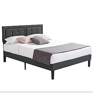 VECELO Queen Size Bed Frame with Adjustable Headboard, Upholstered Button Tufted Platform Bedframe with Wood Slats Support, No Box Spring Needed, Grey